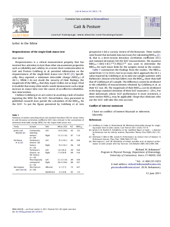 (PDF) Responsiveness of the single-limb stance test