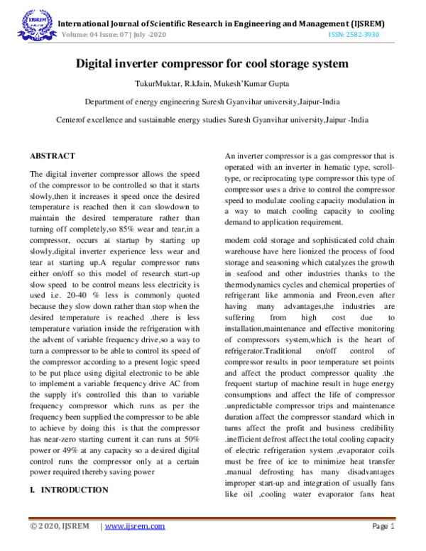 (PDF) Digital inverter compressor for cool storage system