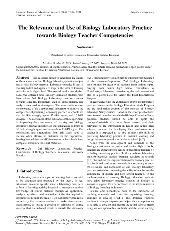 (PDF) The Relevance and Use of Biology Laboratory Practice towards ...