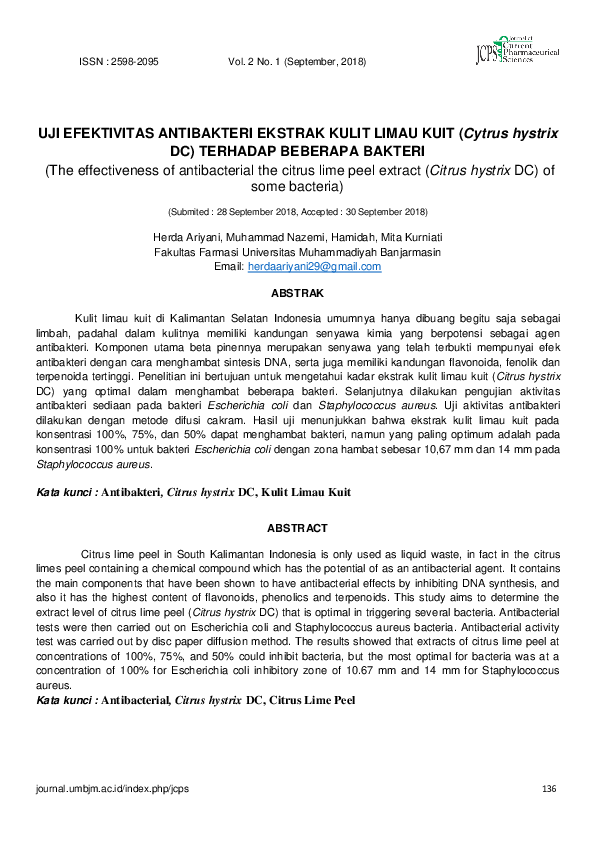 (PDF) UJI EFEKTIVITAS ANTIBAKTERI EKSTRAK KULIT LIMAU KUIT (Cytrus ...