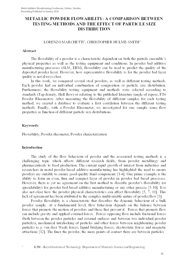 (PDF) METALLIC POWDER FLOWABILITY: A COMPARISON BETWEEN TESTING METHODS ...