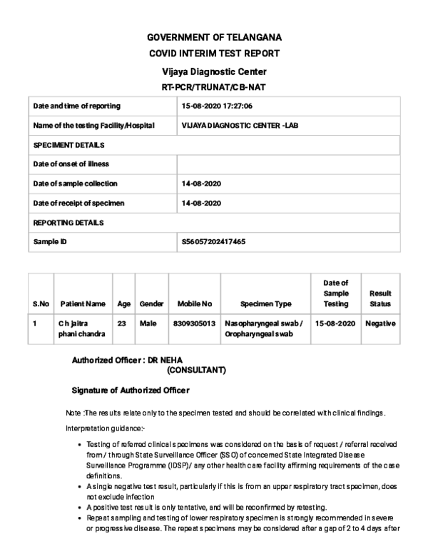 (PDF) GOVERNMENT OF TELANGANA COVID INTERIM TEST REPORT Vijaya ...