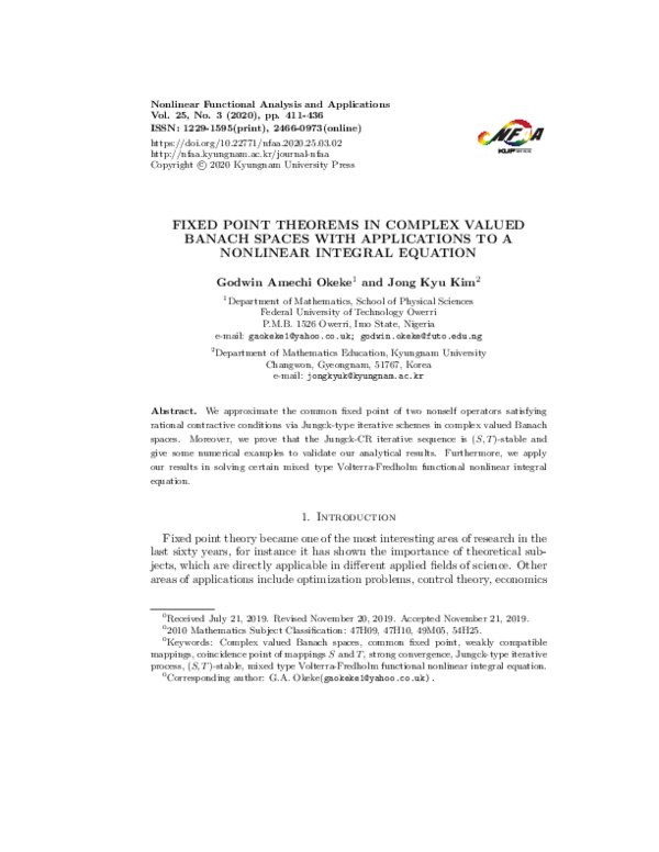 Pdf Fixed Point Theorems In Complex Valued Banach Spaces With Applications To A Nonlinear 