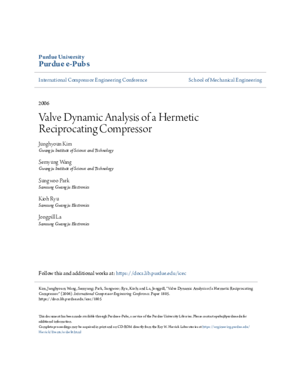 (PDF) Valve Dynamic Analysis of a Hermetic Reciprocating Compressor