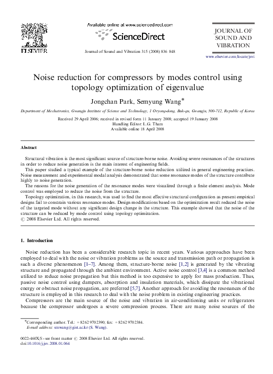 Pdf Noise Reduction For Compressors By Modes Control Using Topology Optimization Of Eigenvalue