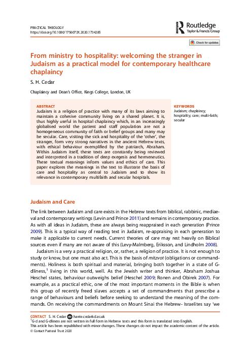 (PDF) From ministry to hospitality: welcoming the stranger in Judaism ...