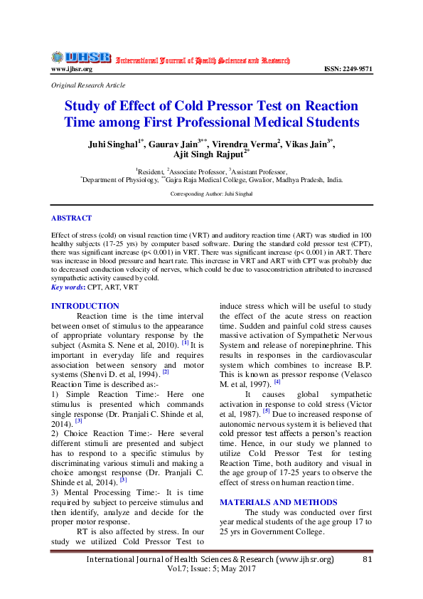 (PDF) Study of Effect of Cold Pressor Test on Reaction Time among First ...