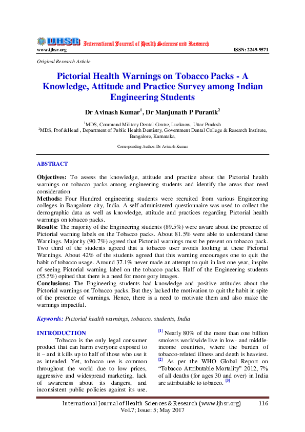 (PDF) Pictorial Health Warnings on Tobacco Packs -A Knowledge, Attitude ...