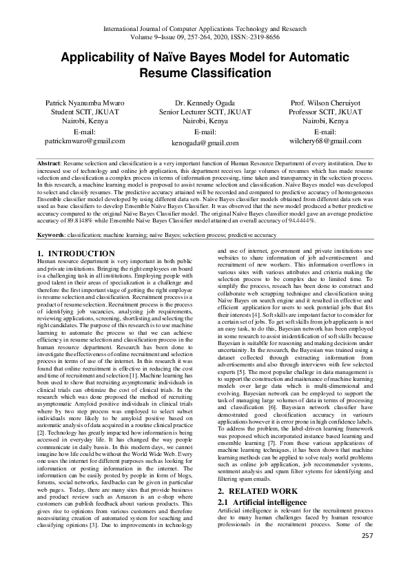 (PDF) Applicability of Naïve Bayes Model for Automatic Resume Classification