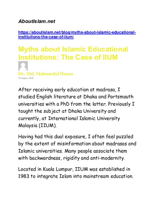 (PDF) Myths about Islamic Educational Institutions: The Case of IIUM