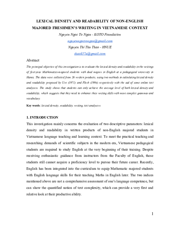 (PDF) LEXICAL DENSITY AND READABILITY OF NON-ENGLISH MAJORED FRESHMEN'S ...