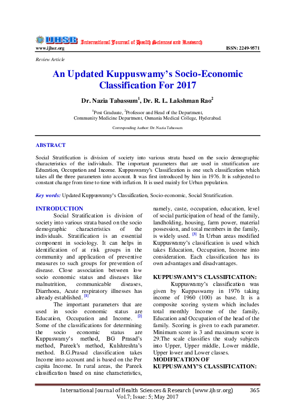 (PDF) An Updated Kuppuswamy's Socio-Economic Classification For 2017