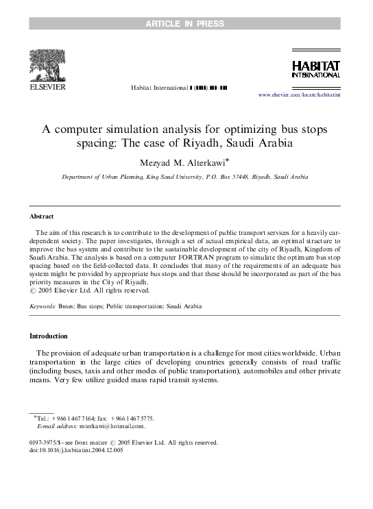 (PDF) A computer simulation analysis for optimizing bus stops spacing: The case of Riyadh, Saudi ...