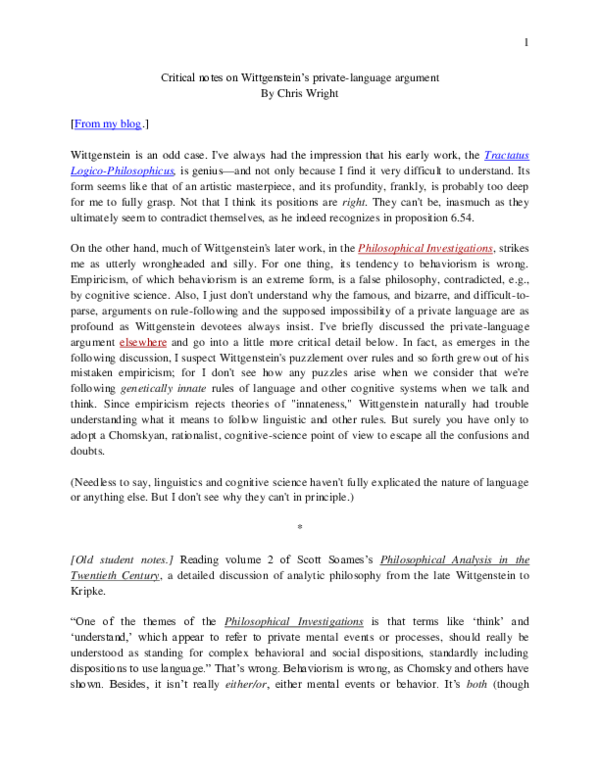 (PDF) Critical notes on Wittgenstein's private-language argument