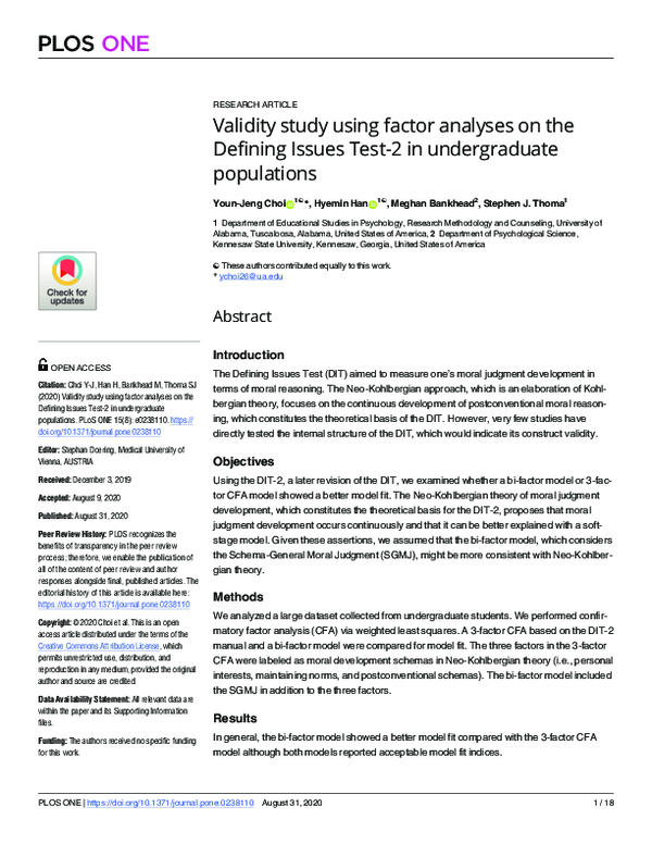 (PDF) Validity study using factor analyses on the Defining Issues Test ...