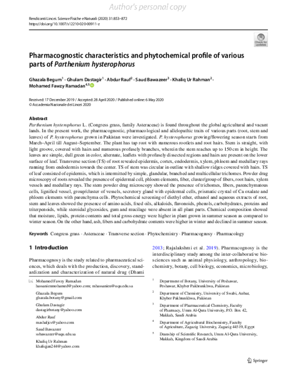 (PDF) Pharmacognostic characteristics and phytochemical pro le of various parts of Parthenium ...