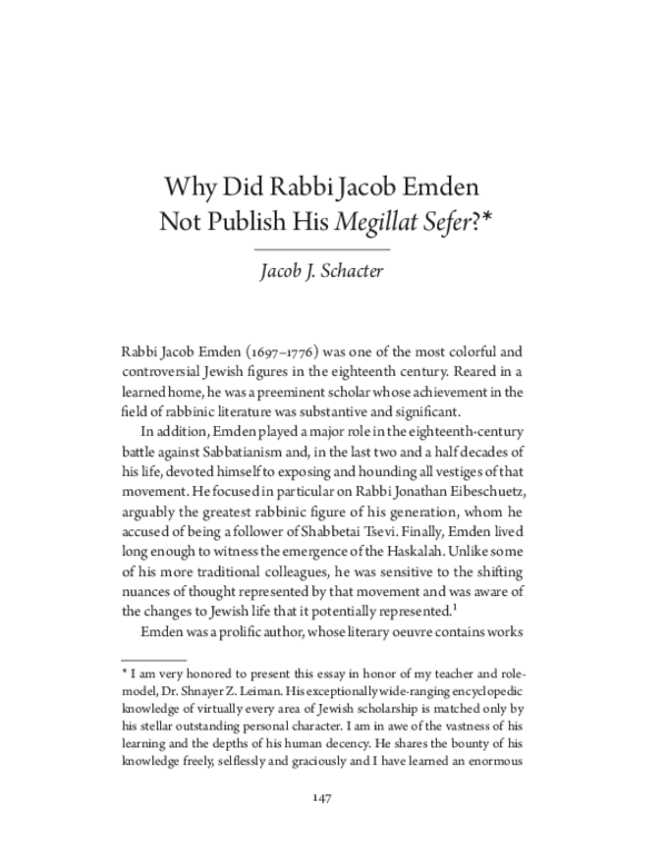 (PDF) Jacob J. Schacter, “Why Did Rabbi Jacob Emden Not Publish His Megillat Sefer?” in Yitzhak ...
