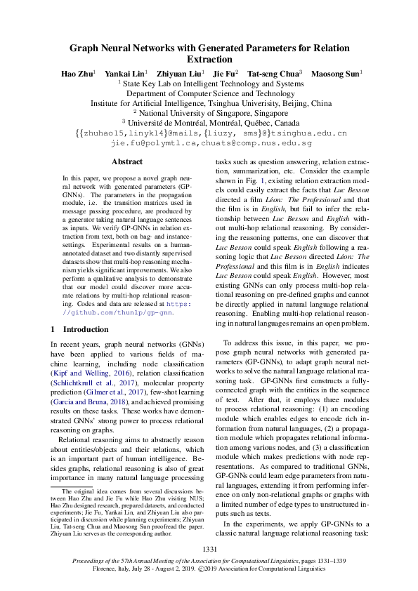 Pdf Graph Neural Networks With Generated Parameters For Relation Extraction 