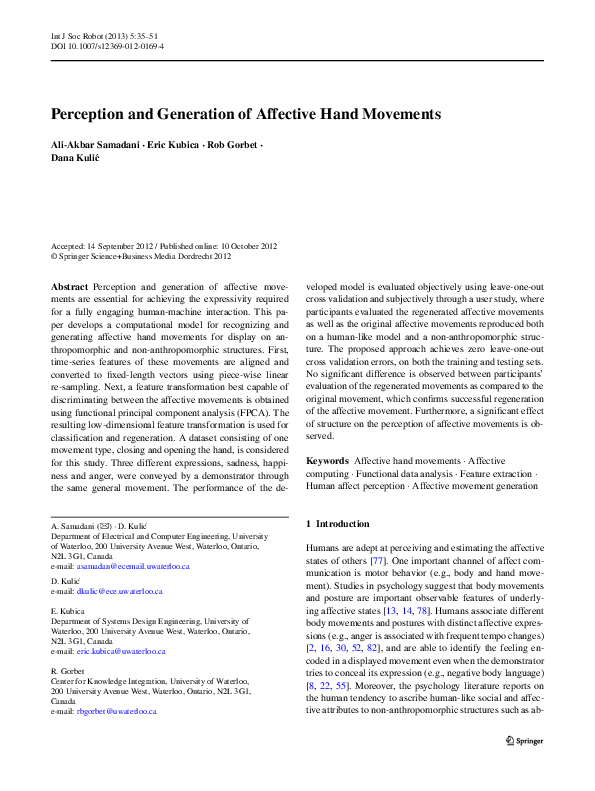 (PDF) Perception and Generation of Affective Hand Movements