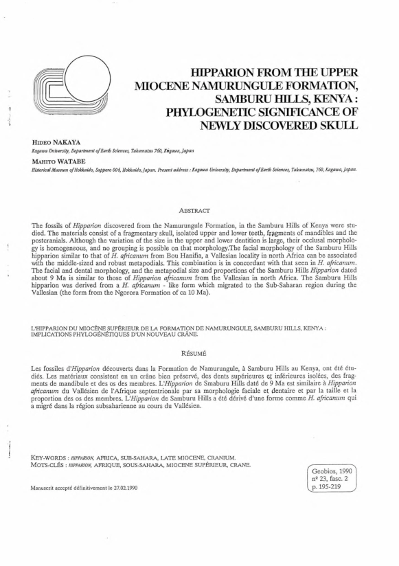 (PDF) Hipparion from the upper Miocene Namurungule Formation, Samburu ...