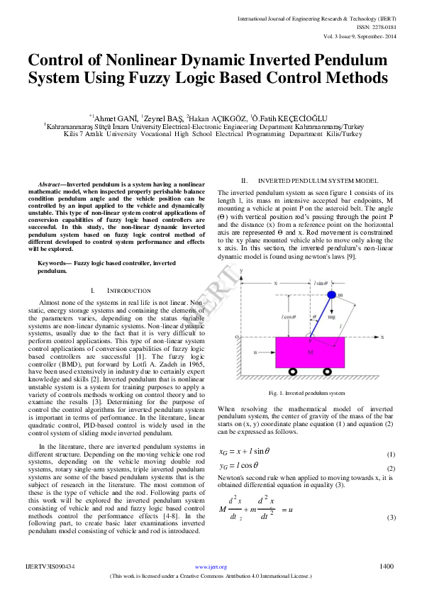 Pdf Ijert Control Of Nonlinear Dynamic Inverted Pendulum System Using Fuzzy Logic Based