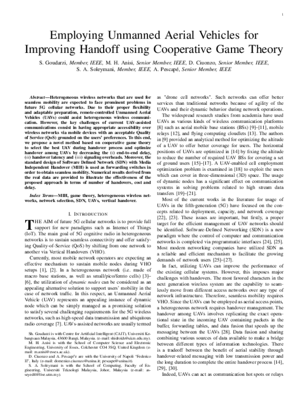 (PDF) Employing Unmanned Aerial Vehicles for Improving Handoff using Cooperative Game Theory