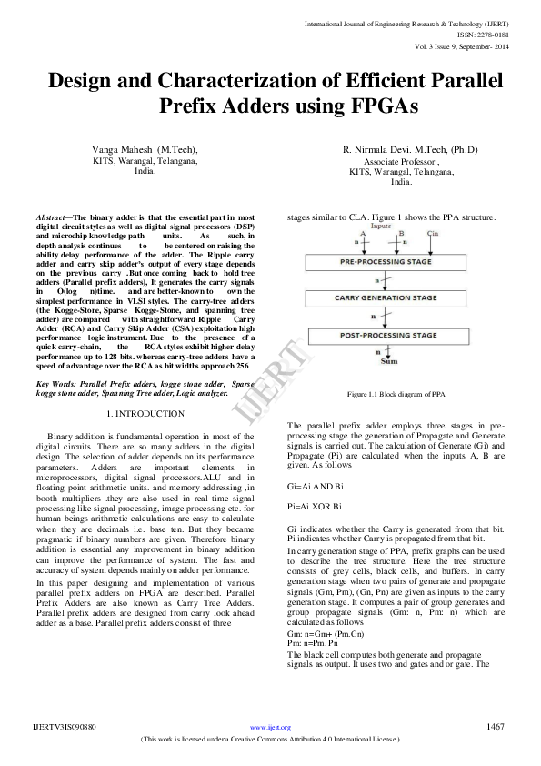 Pdf Ijert Design And Characterization Of Efficient Parallel Prefix Adders Using Fpgas