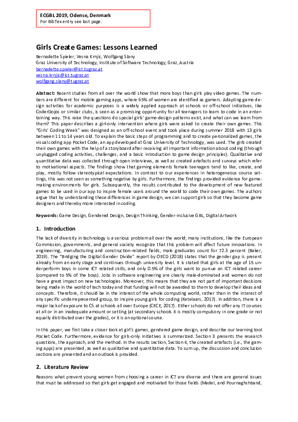 (PDF) Girls Create Games: Lessons Learned
