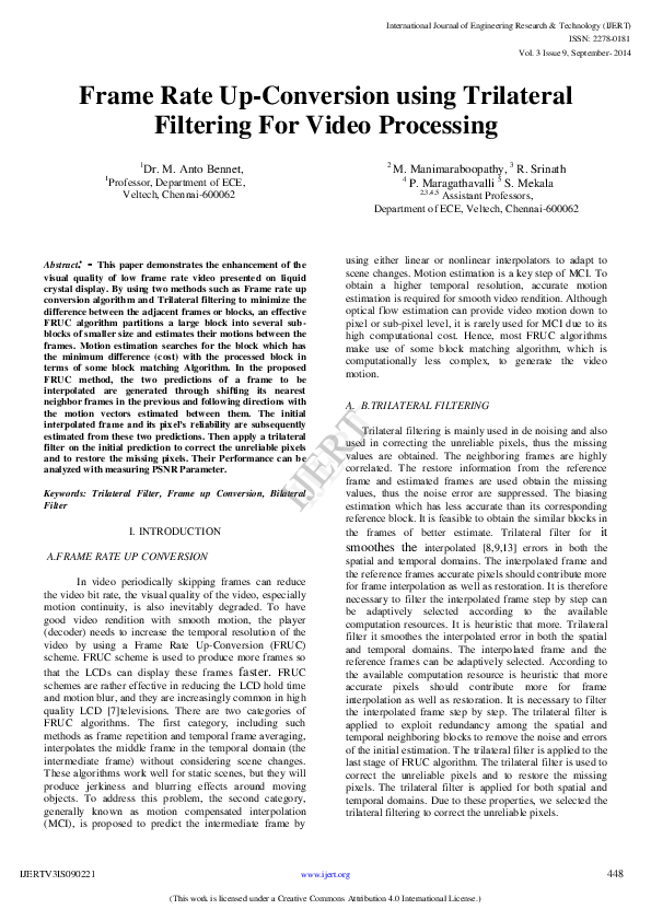 (PDF) IJERT-Frame Rate Up-Conversion using Trilateral Filtering For Video Processing
