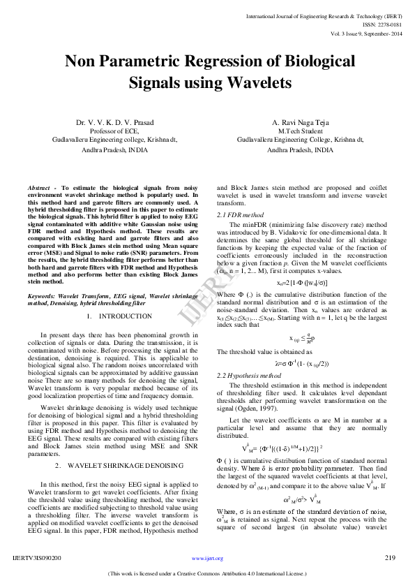Pdf Ijert Non Parametric Regression Of Biological Signals Using Wavelets Ijert Journal