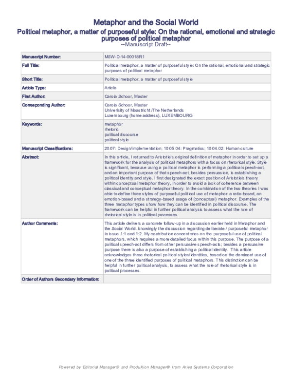 (PDF) Political metaphor, a matter of purposeful style: On the rational ...