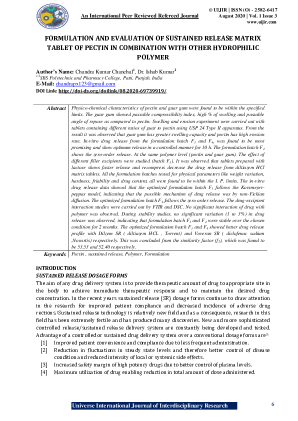 Pdf Formulation And Evaluation Of Sustained Release Matrix Tablet Of Pectin In Combination