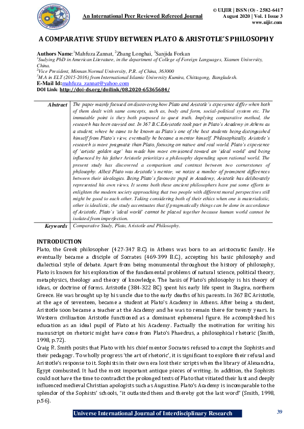 (PDF) A COMPARATIVE STUDY BETWEEN PLATO & ARISTOTLE’S PHILOSOPHY