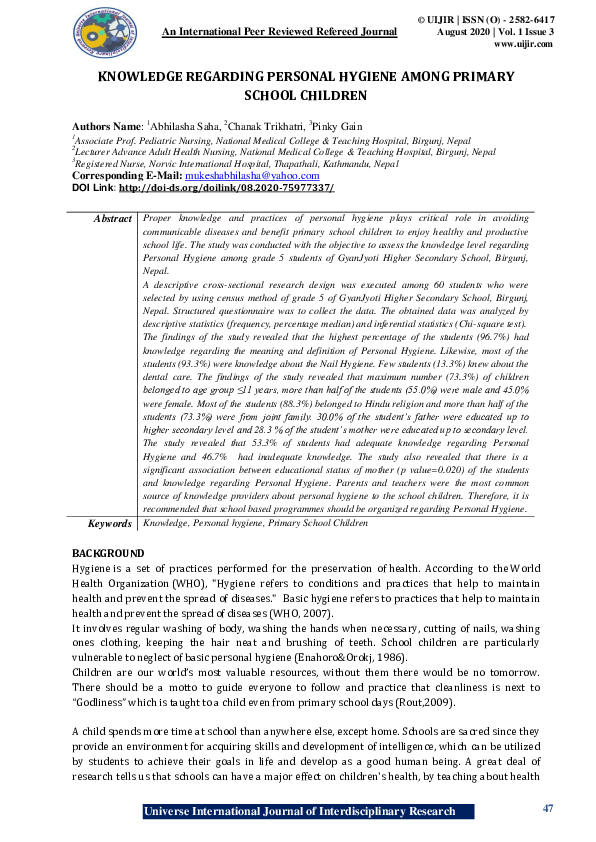 (PDF) KNOWLEDGE REGARDING PERSONAL HYGIENE AMONG PRIMARY SCHOOL CHILDREN