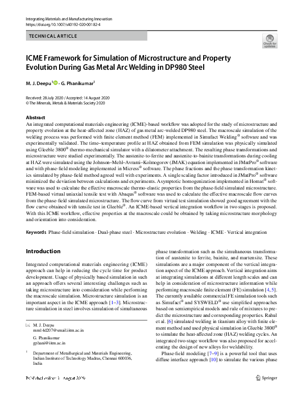 (PDF) ICME Framework for Simulation of Microstructure and Property Evolution During Gas Metal ...
