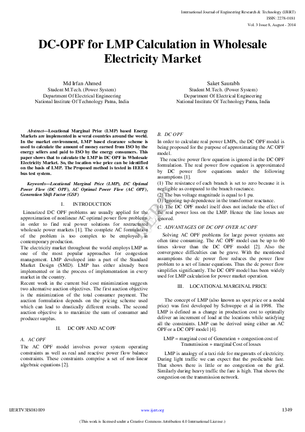 (PDF) IJERT-DC-OPF for LMP Calculation in Wholesale Electricity Market