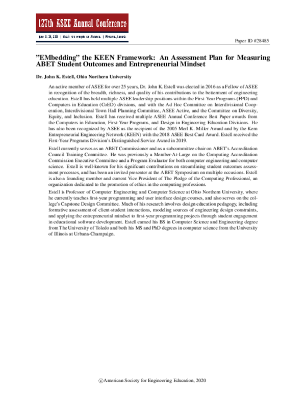 (PDF) EMbedding the KEEN Framework An Assessment Plan for Measuring ABET Student Outcomes and ...