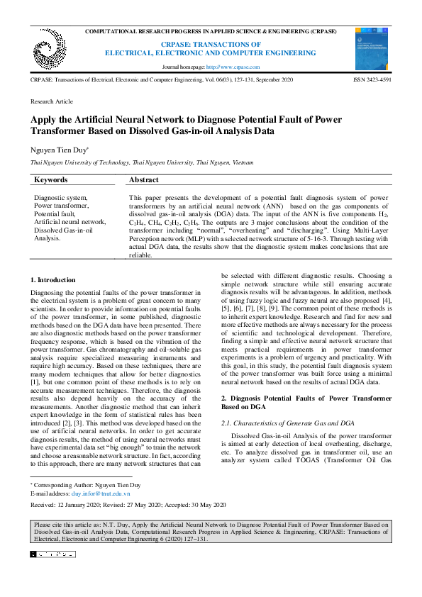 (PDF) Apply the Artificial Neural Network to Diagnose Potential Fault of Power Transformer Based ...