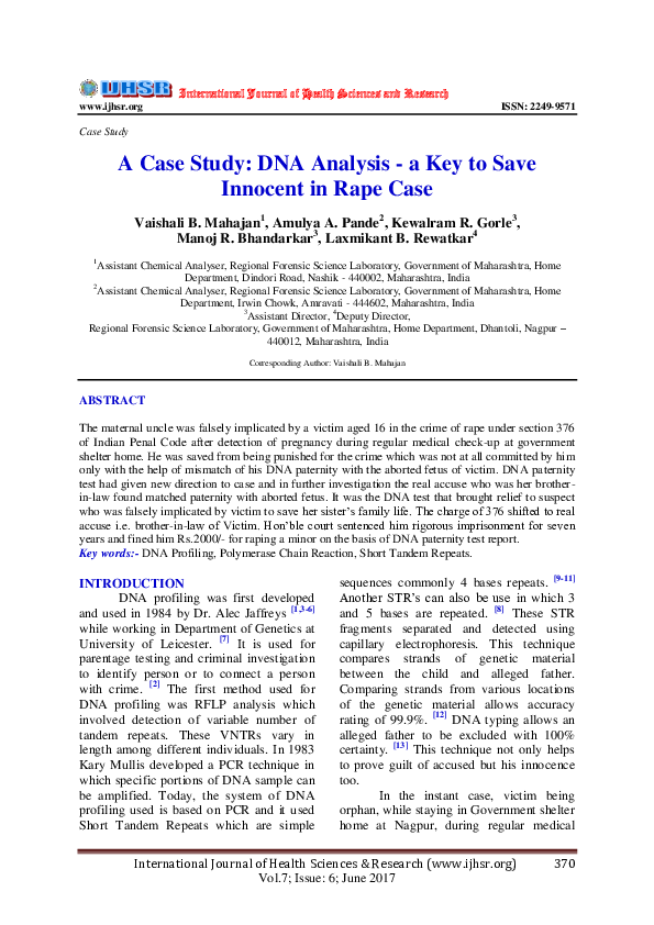 (PDF) A Case Study: DNA Analysis -a Key to Save Innocent in Rape Case