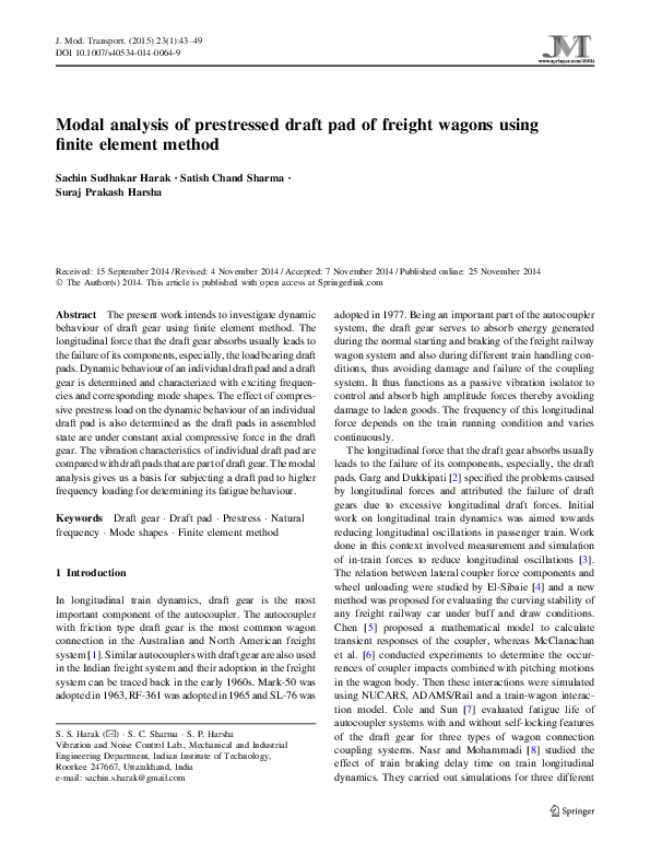 (PDF) Modal analysis of prestressed draft pad of freight wagons using finite element method