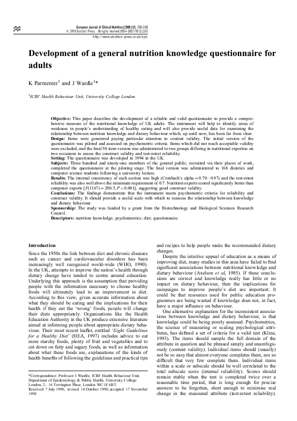 (PDF) Development of a general nutrition knowledge questionnaire for adults