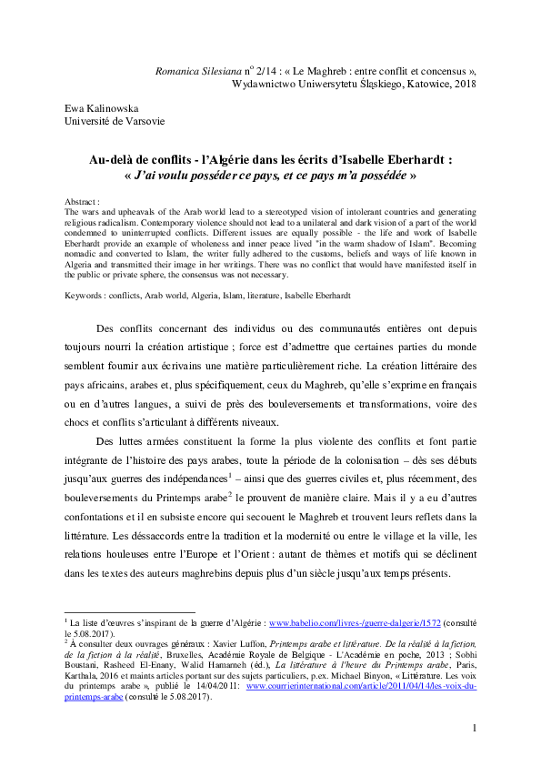 (PDF) Algérie dans les écrits d’Isabelle Eberhardt