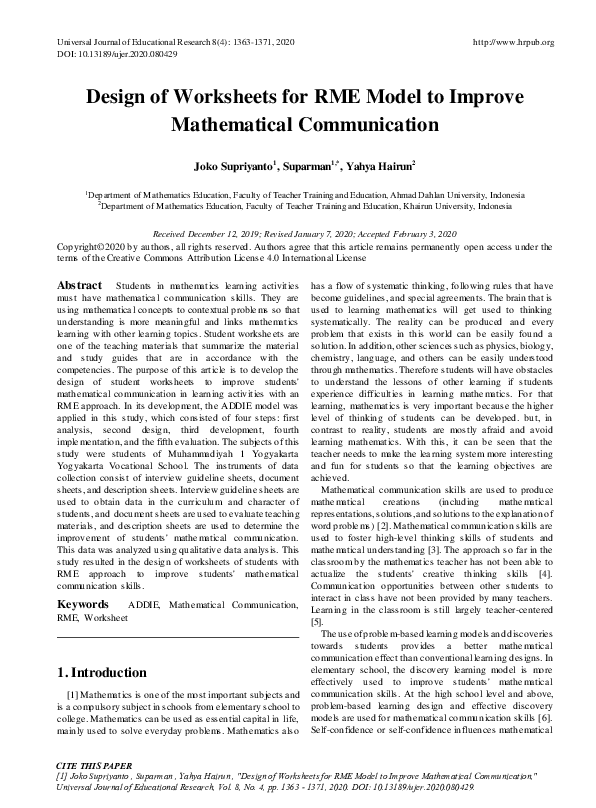 (PDF) RME Worksheets to Enhance Math Communication