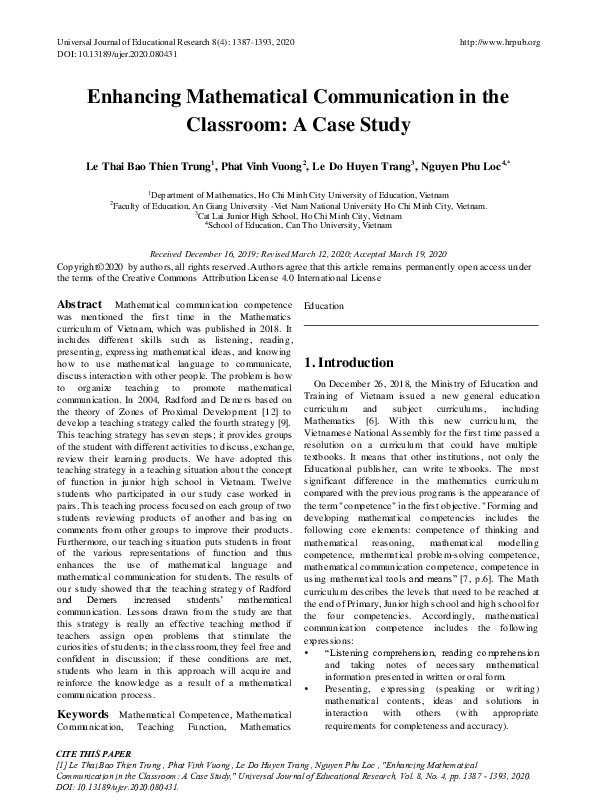 (PDF) Enhancing Mathematical Communication in the Classroom: A Case Study