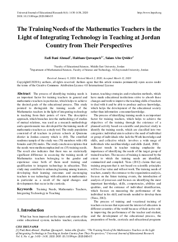 (PDF) The Training Needs of the Mathematics Teachers in the Light of ...