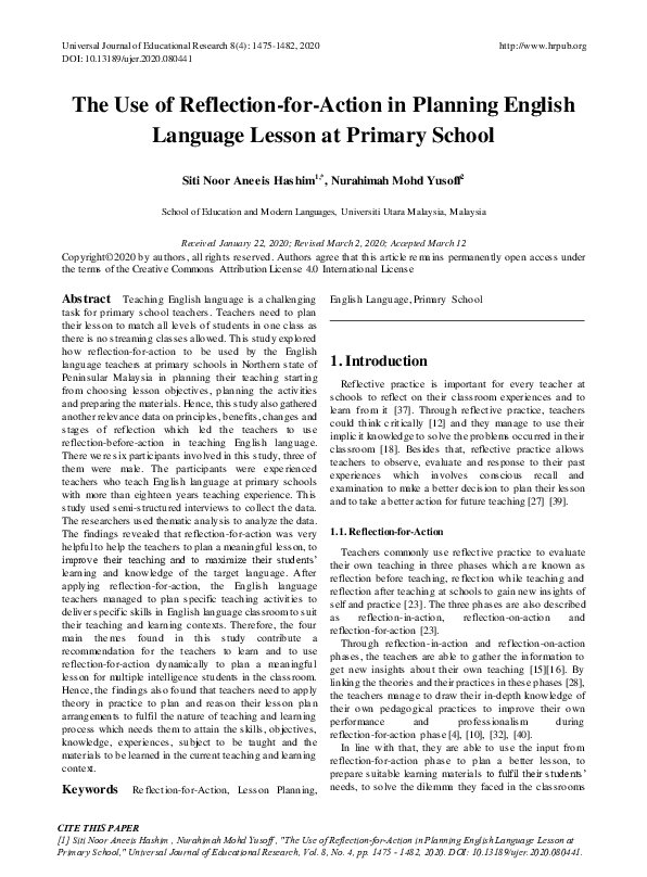 (PDF) The Use of Reflection-for-Action in Planning English Language ...