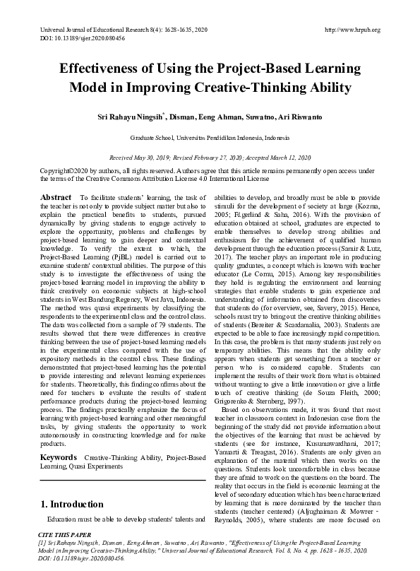 (PDF) Effectiveness of Using the Project-Based Learning Model in ...