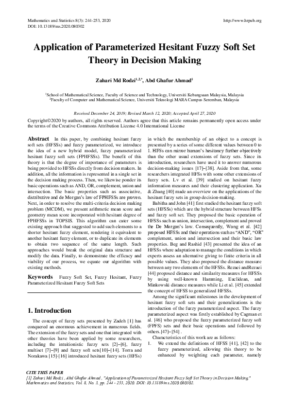 Pdf Application Of Parameterized Hesitant Fuzzy Soft Set Theory In Decision Making