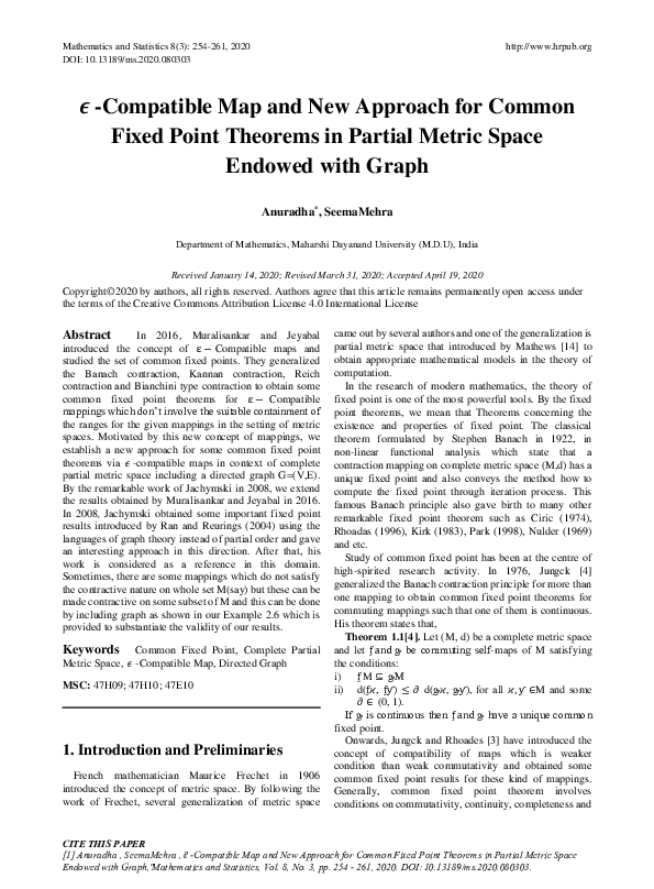 (PDF) 𝝐 -Compatible Map and New Approach for Common Fixed Point Theorems in Partial Metric Space ...