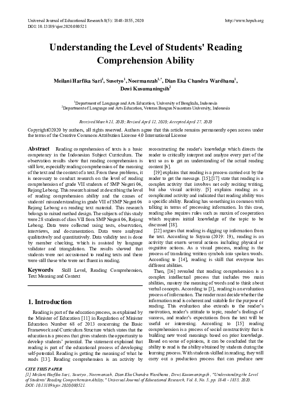 (PDF) Understanding the Level of Students' Reading Comprehension Ability